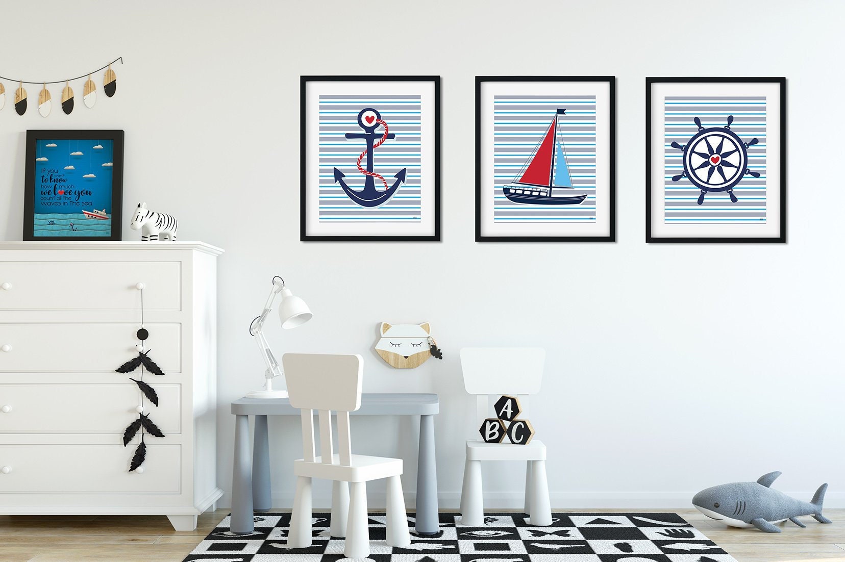 3 Piece Wall Art, Nautical Print, Navy Blue Wall Art, Ocean Lover Gift ...