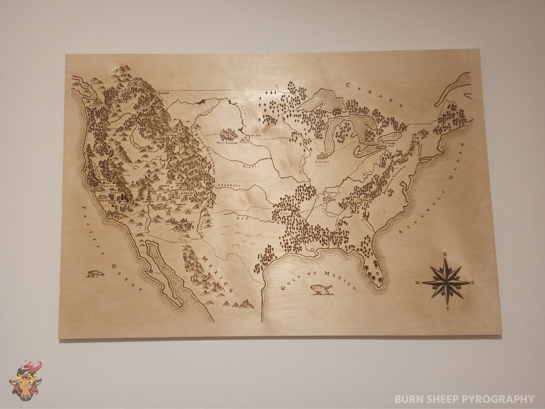 Hand-burned Fantasy Map of the USA. Wood Burning, Pyrography - Etsy