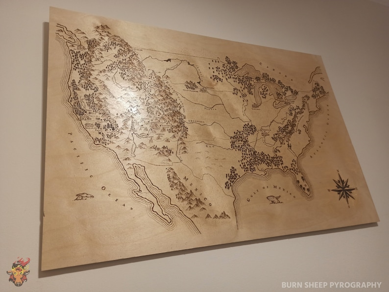 Hand-burned Fantasy Map of the USA. Wood Burning, Pyrography - Etsy