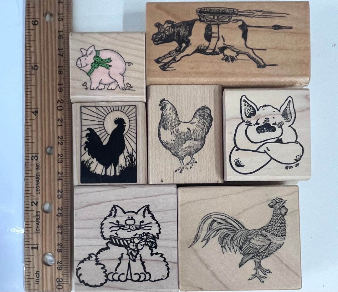 Farm Animals Pig Rooster Hen Cow Cat Wood Mounted Rubber Stamps - Etsy