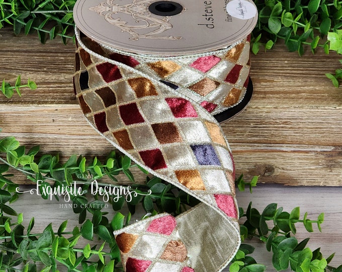 10 Yards, 2.5 Inch Ribbon, Glitter Harlequin Ribbon, Burgundy Ribbon ...