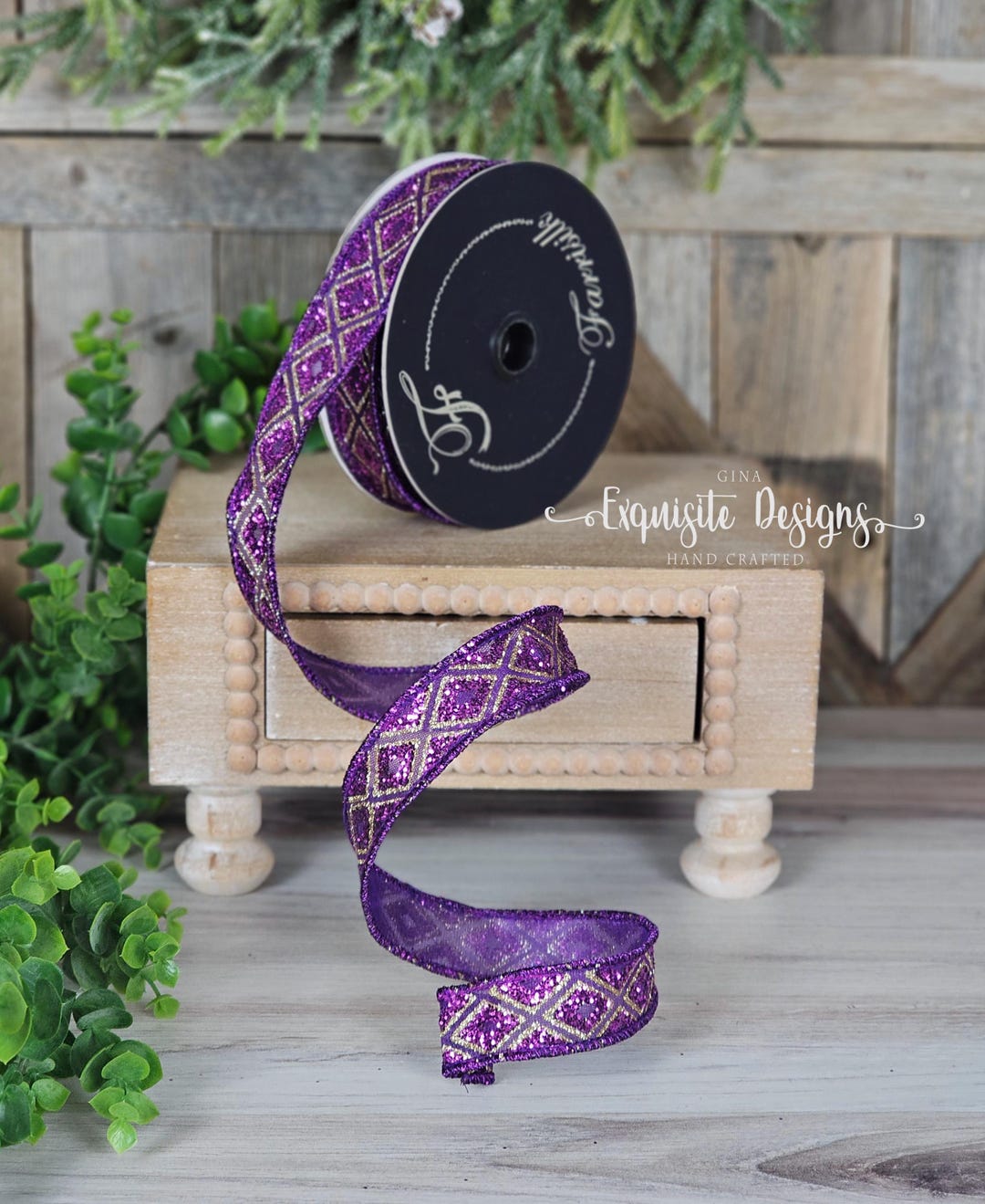 10 Yards, 1 Inch Wired Ribbon, Marquise Diamond, Purple and Gold ...