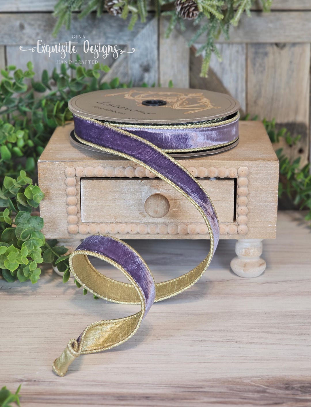 10 Yards, 1 Inch Wired Ribbon, Velvet Ribbon, Violet Ribbon, Gold Back ...