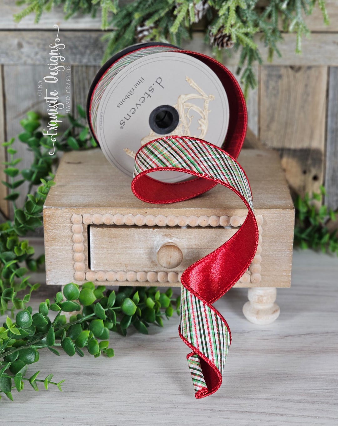 10 Yards, 1.5 Inch Wired Ribbon, Plaid, Red, Green and White Ribbon ...
