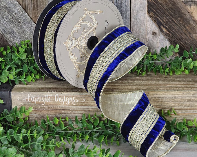 10 Yards, 2.5 Inch Wired Ribbon, Jeweled Ribbon, Cobalt Velvet, Ribbon ...