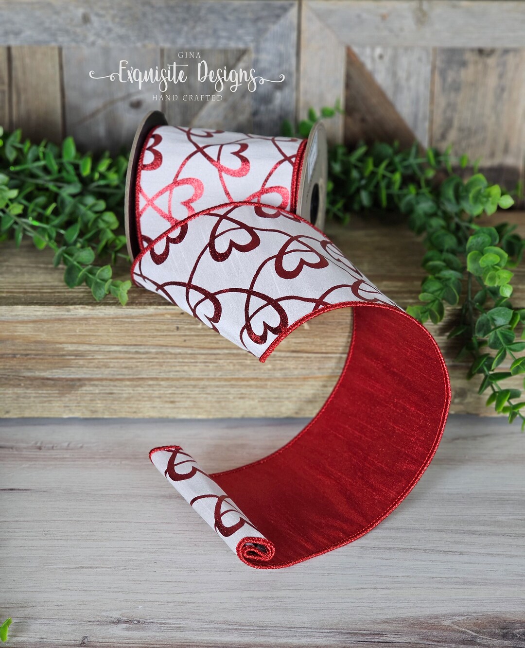 5 Yards, 4 Inch Wired Ribbon, Hearts Ribbon, Valentines Ribbon, Metallic Red Hearts Ribbon ...