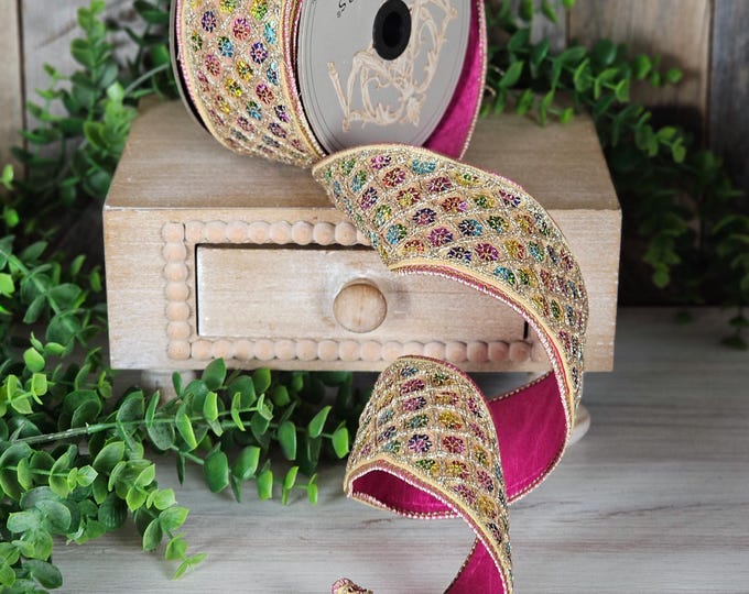 10 Yards, 2.5 Inch Wired Ribbon, Dupion Multi Color, Sequin Diamond ...