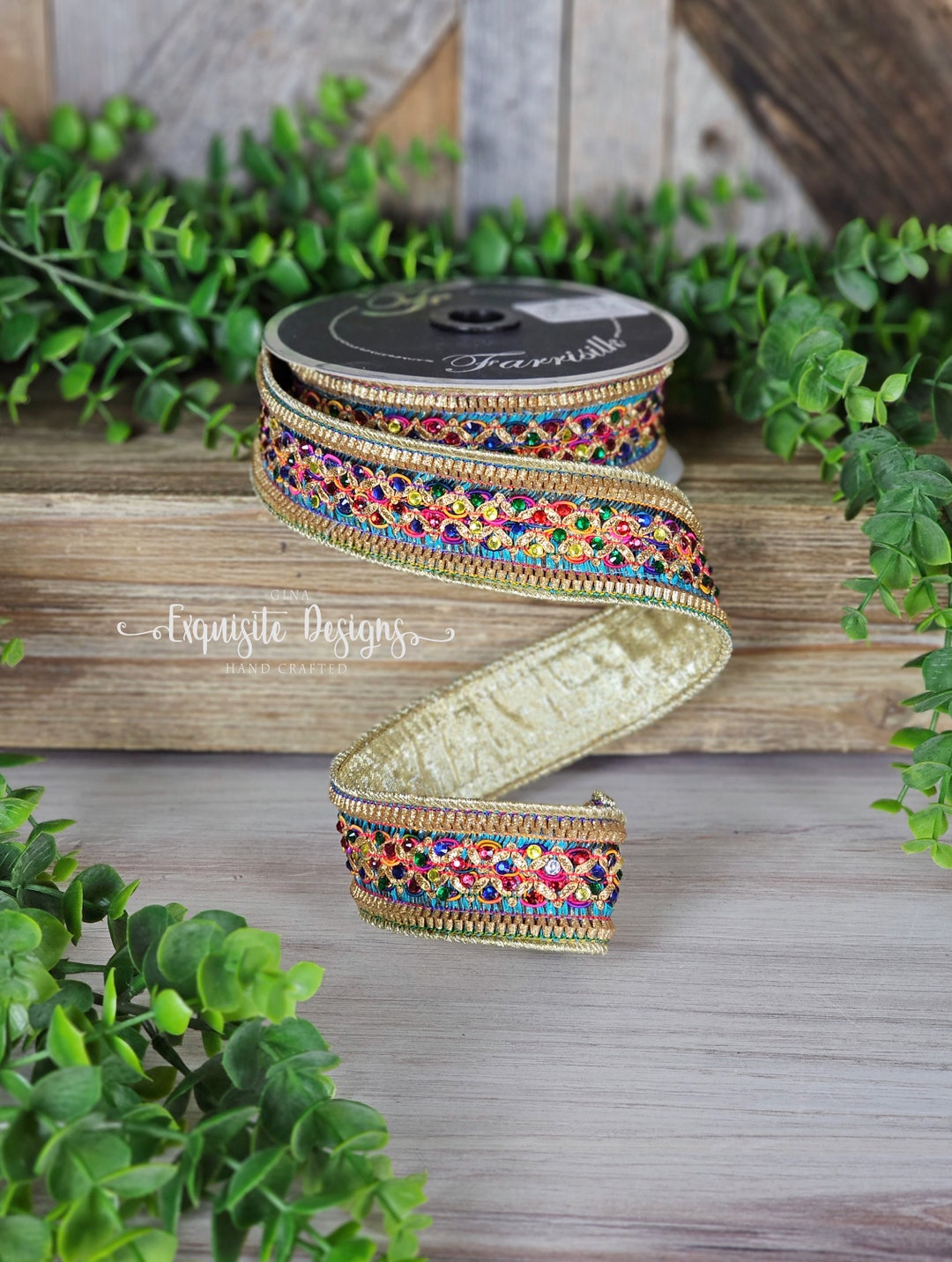 5 Yards, 1.5 Inch Wired Ribbon, Jeweled Ribbon, Festive Jewels Ribbon ...