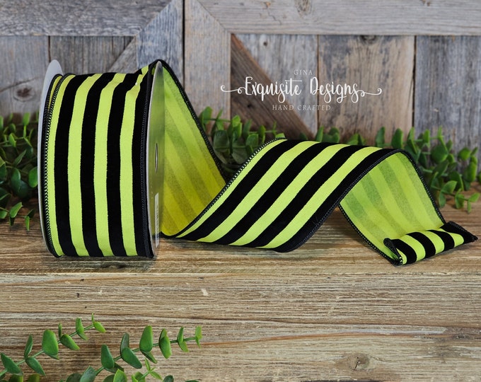10 Yards, 2.5 Inch Wired Ribbon, Stripes Ribbon, Beetlejuice Green ...