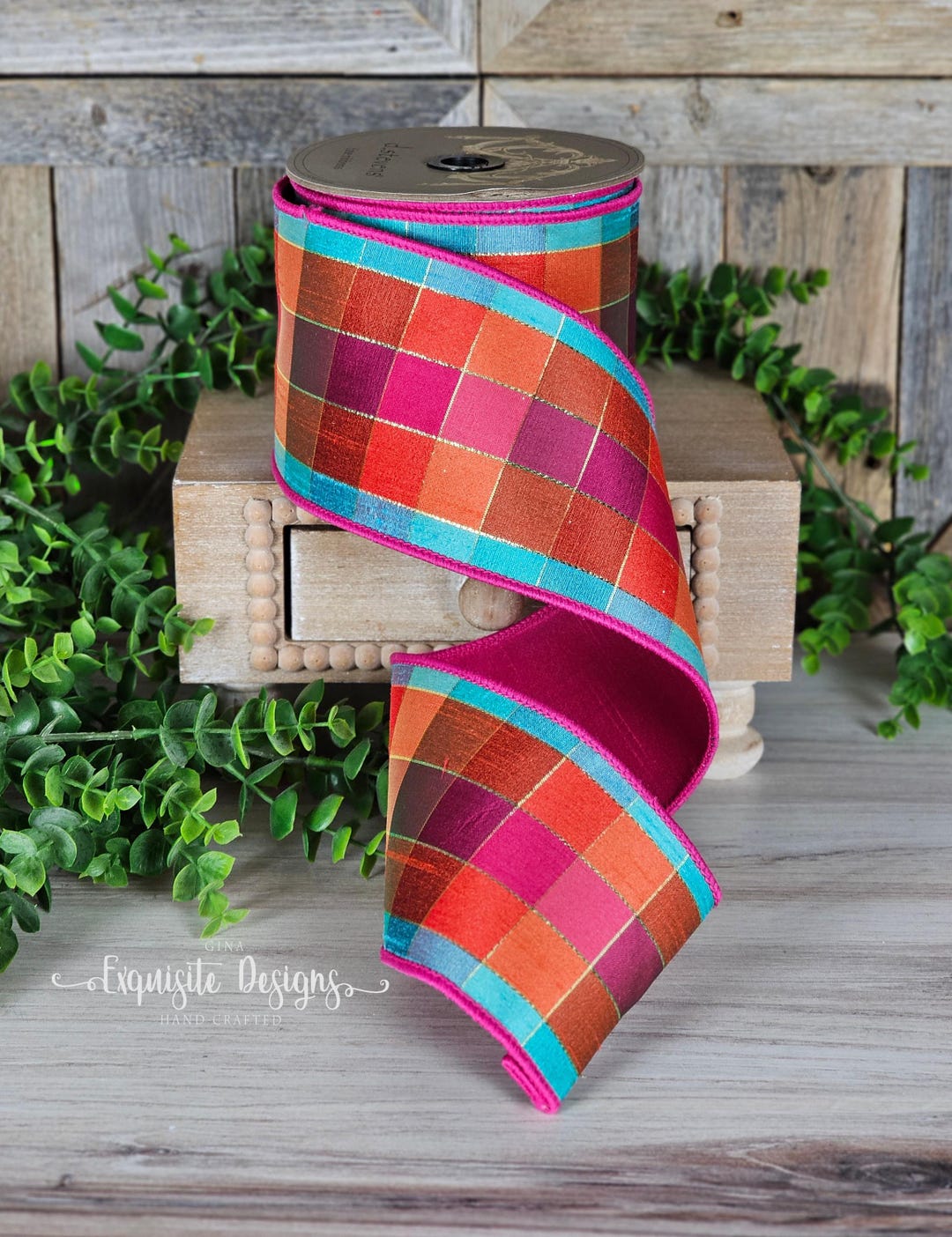 10 Yards, 4 Inch Wired Ribbon, Taffeta Plaid Ribbon, Orange, Hot Pink ...