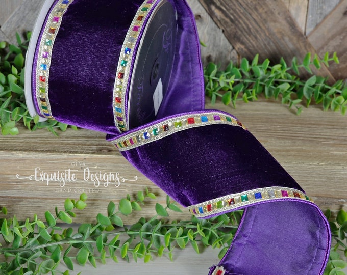 5 Yards, 4 Inch Wired Ribbon, Velvet Ribbon, Purple, Jeweled Ribbon ...