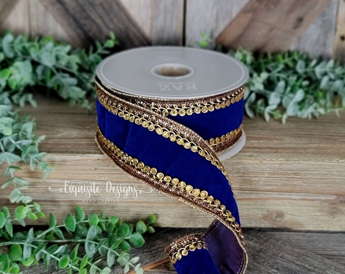 10 Yards, 2.5 Inch Wired Ribbon, Jeweled Ribbon, Blue Ribbon, Velvet ...