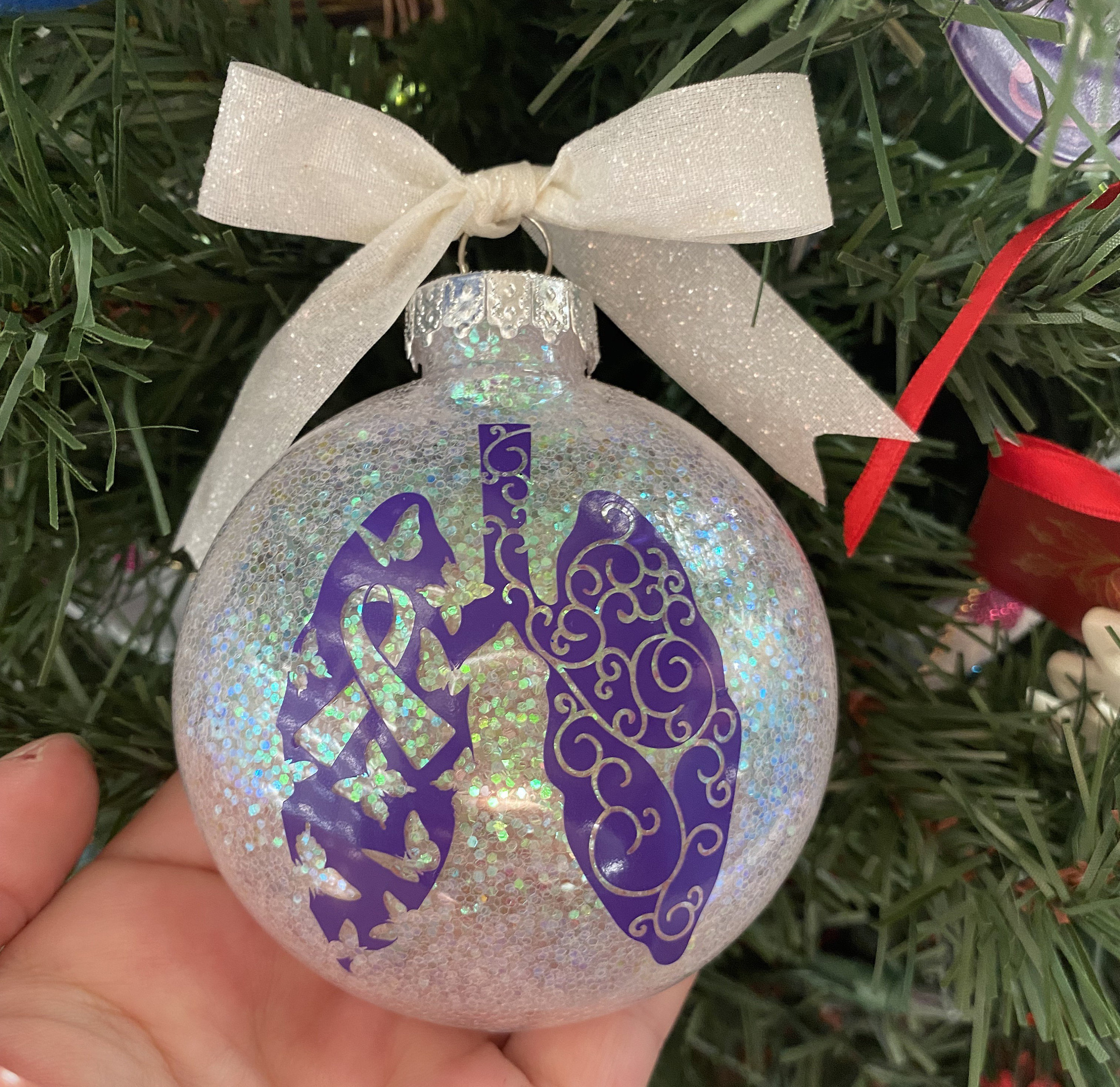 Cystic Fibrosis Awareness Ornament: Purple Lung & Butterfly Glitter ...