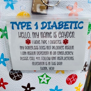 Type 1 Diabetic Medical Alert Card| Bag Tag| ICE ID Tag| Lanyard ...