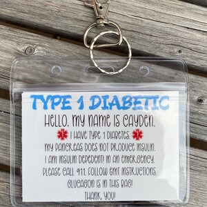 Type 1 Diabetic Medical Alert Card| Bag Tag| ICE ID Tag| Lanyard ...