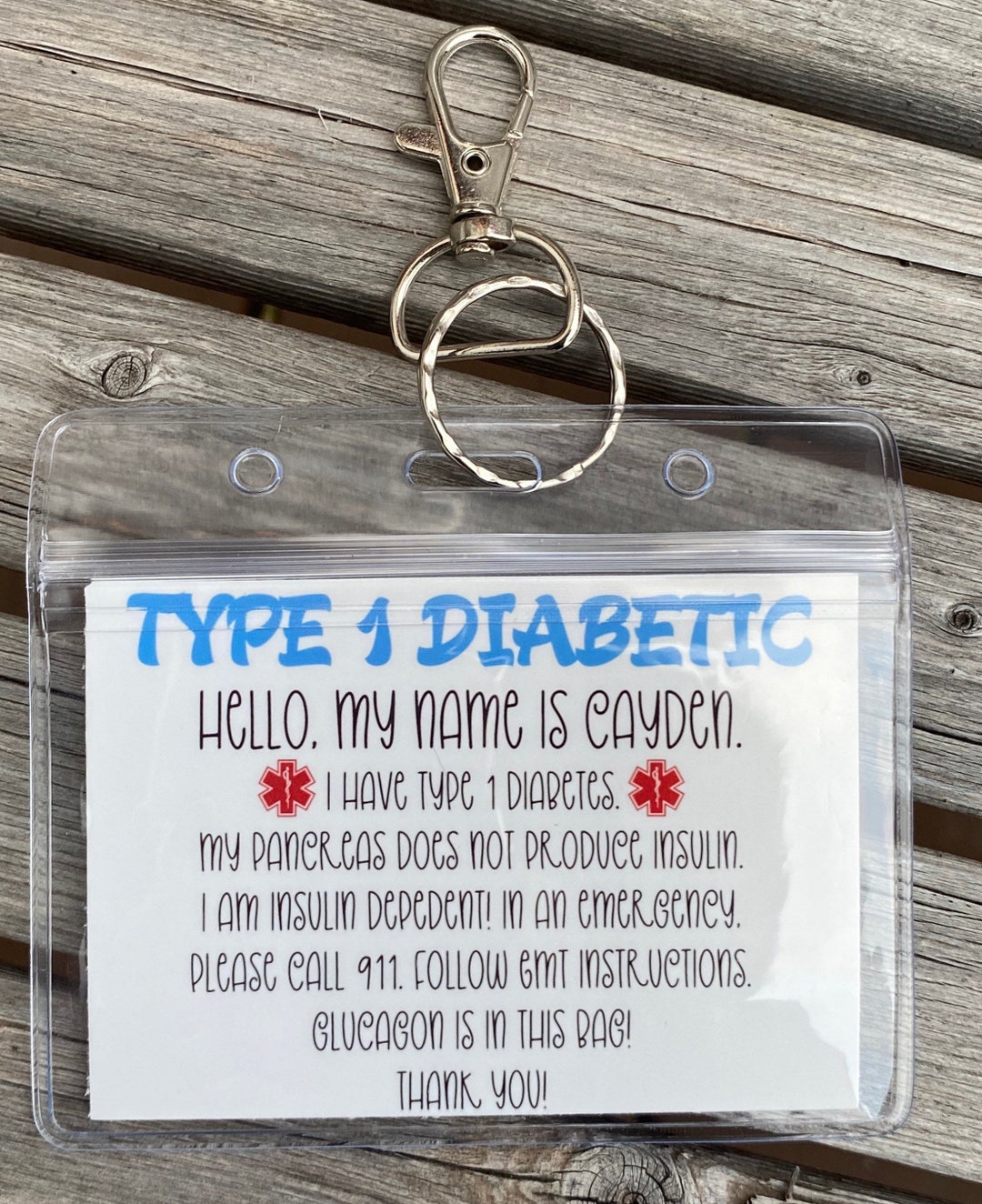 Type 1 Diabetic Medical Alert Card| Bag Tag| ICE ID Tag| Lanyard ...