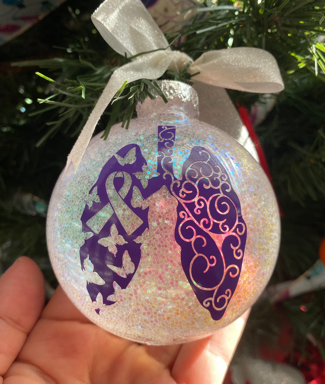 Cystic Fibrosis Awareness Ornament: Purple Lung & Butterfly Glitter ...