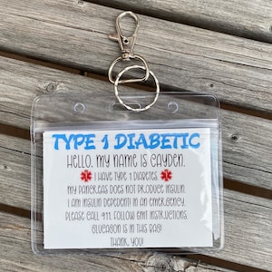 Type 1 Diabetic Medical Alert Card| Bag Tag| ICE ID Tag| Lanyard ...
