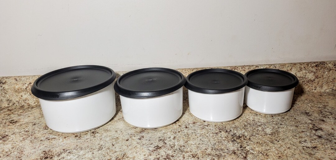Tupperware Toppers Set 4 Stacking Canisters White W/ One Touch Black ...