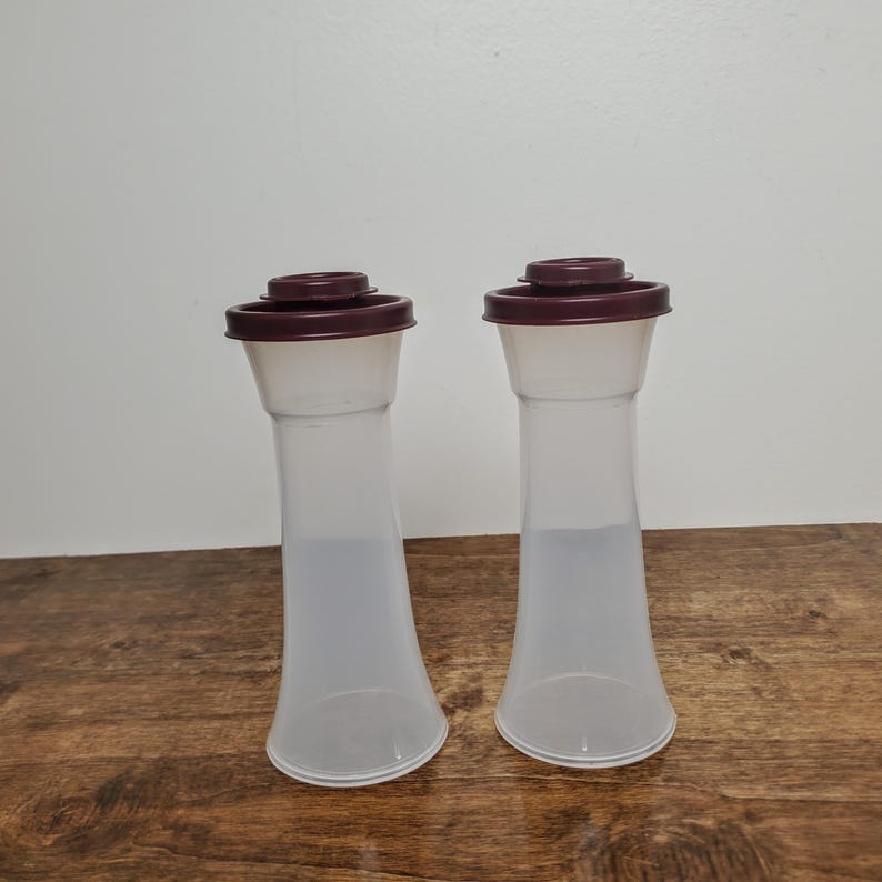 NEW Tupperware Large Hourglass Salt & Pepper Shakers Clear W/ Maroon ...