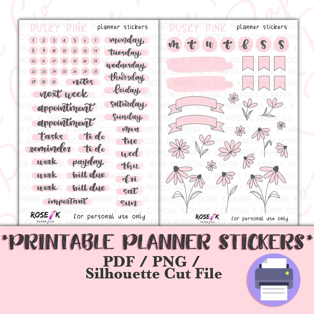Spring Flowers Stickers Printable, Dusky Pink, Dot Grid Journal ...