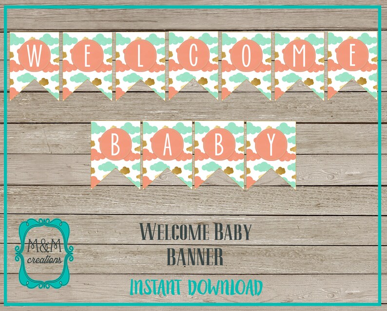 WELCOME BABY -baby Shower Banner - Coral, Mint and Gold Clouds - Etsy