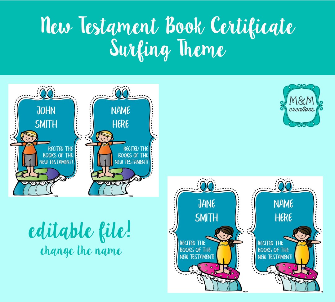 New Testament Book Certificates - Surfing Theme - Editable - Etsy