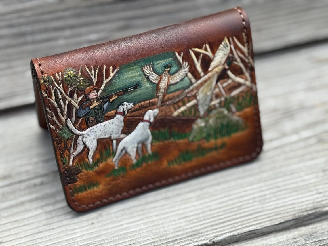 Pheasant Hunter - Card Holder Handmade Tooled Leather Wallet - Etsy