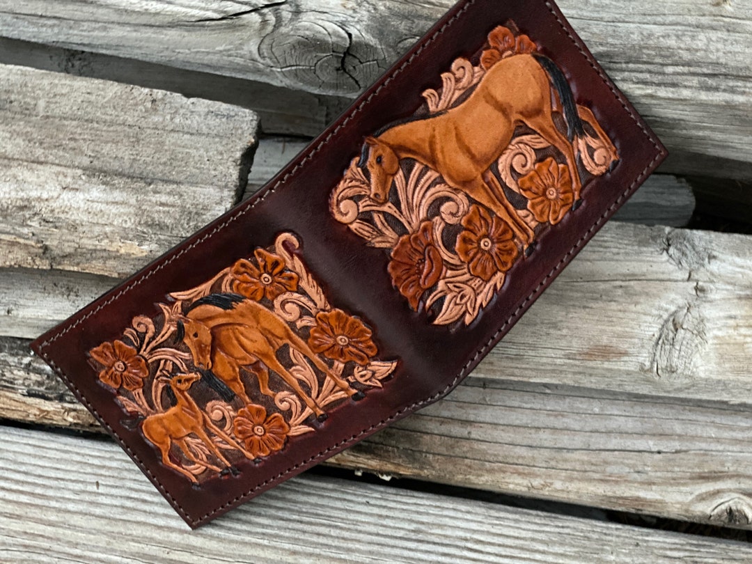 Men's Hand Tooled Western Leather Wallet-equestrian Design - Etsy
