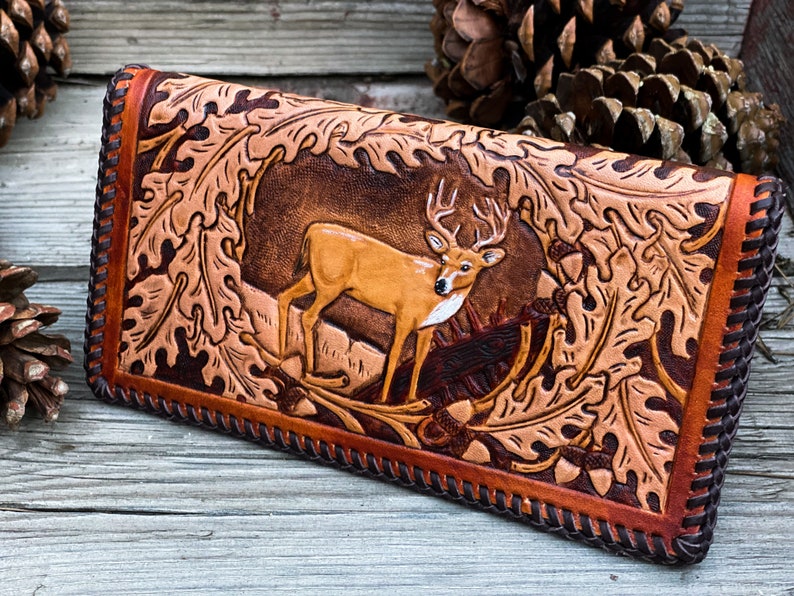 Outdoorsman Tooled Laced Long Wallet With Buck Design - Etsy