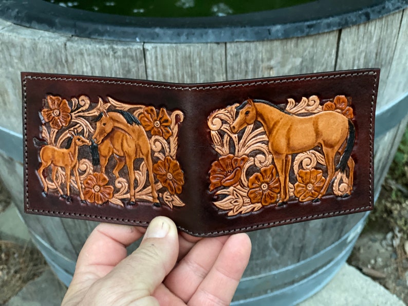Men's Hand Tooled Western Leather Wallet-equestrian Design - Etsy