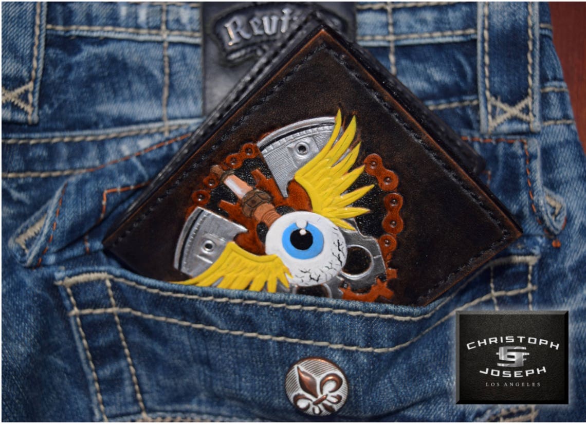 Men's Leather / Hand-tooled / Bi-fold Wallet- Motorhead Theme - Etsy