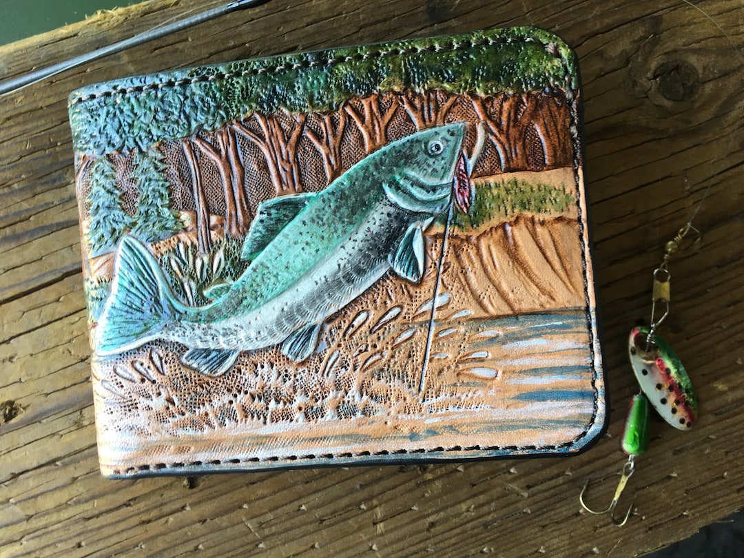 Classic Fishing Design Wallet/hand-tooled/hand-painted/hand Carved/hand ...