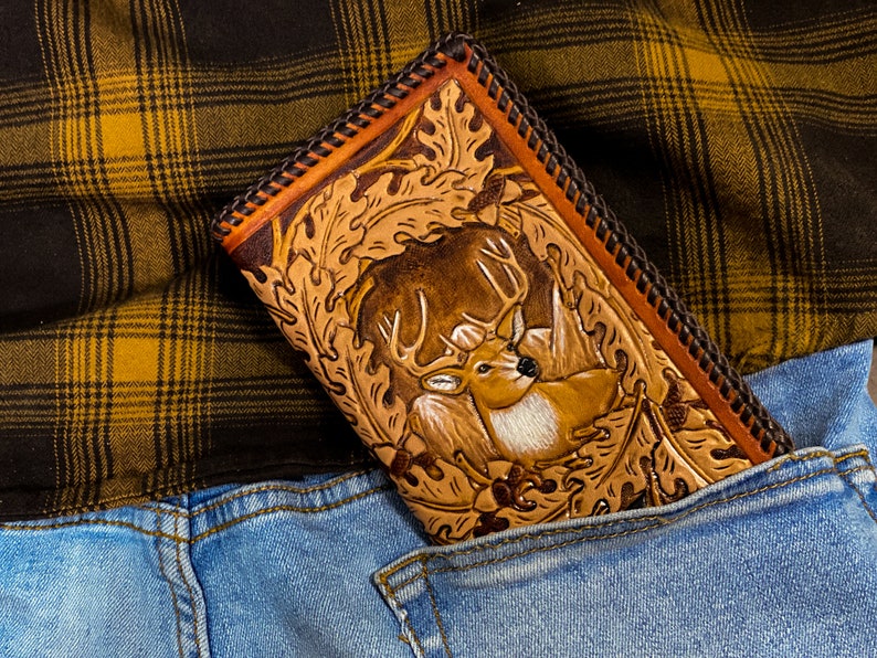 Outdoorsman Tooled Laced Long Wallet With Buck Design - Etsy