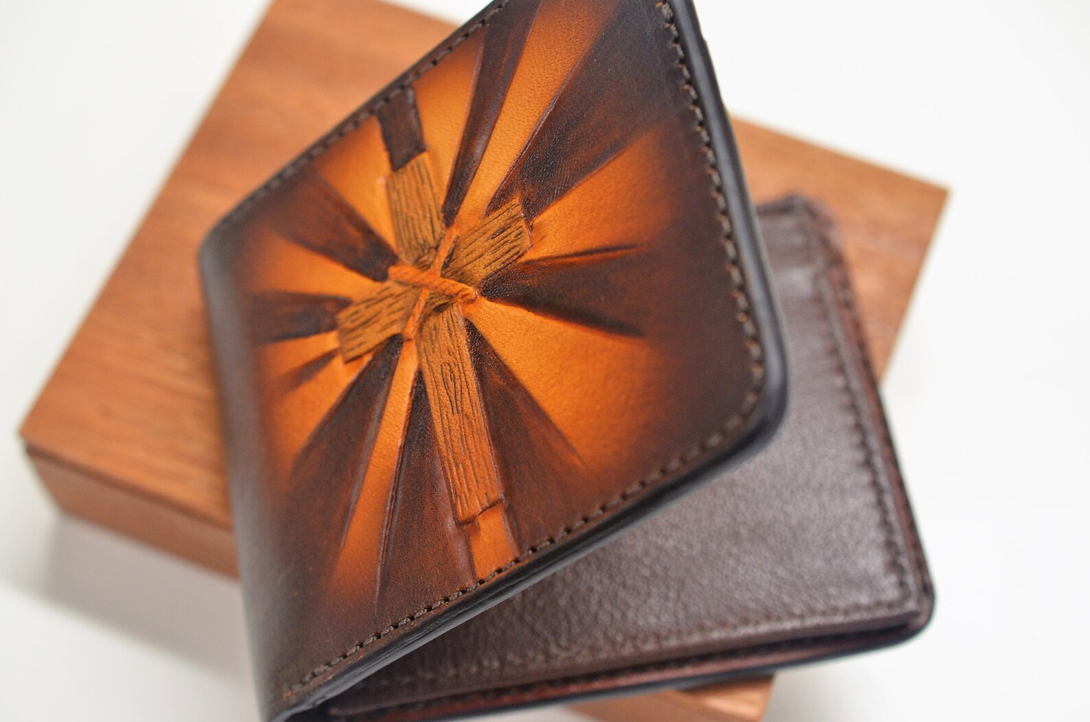 Christian Themed Radiant Wooden Cross Hand Tooled Leather Bifold Wallet ...