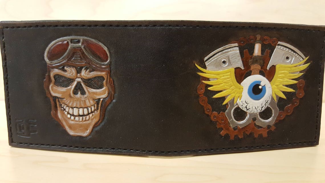 Men's Leather / Hand-tooled / Bi-fold Wallet- Motorhead Theme - Etsy
