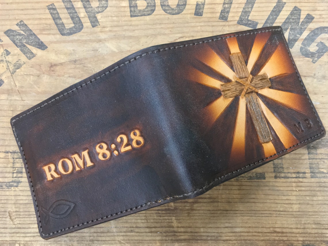 Christian Themed Radiant Wooden Cross Hand Tooled Leather Bifold Wallet ...