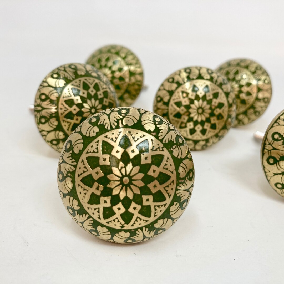 Moroccan Green & Gold Round Drawer Knob Cupboard Pull Drawer Brass ...