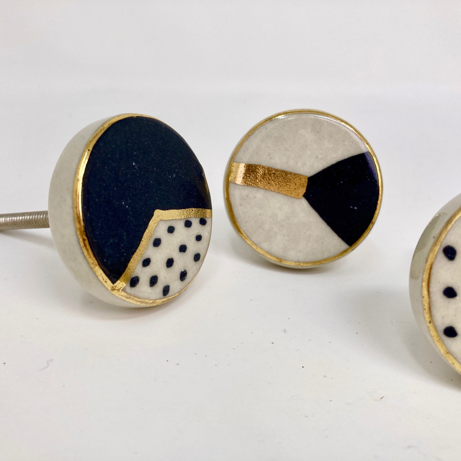Hand Painted Handmade Ceramic Knobs in Gold Black & White - Etsy