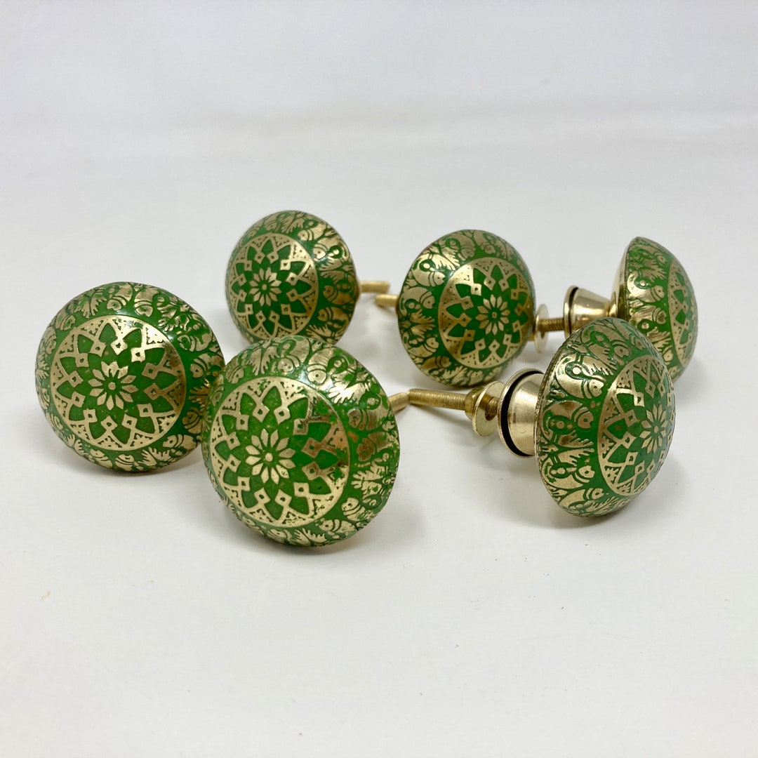 Moroccan Green & Gold Round Drawer Knob Cupboard Pull Drawer Brass ...