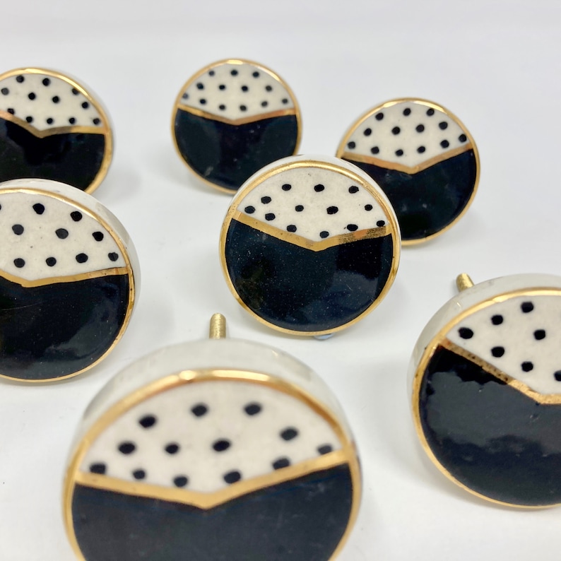 Hand Painted Handmade Ceramic Knobs (design 1) Gold Black & White ...