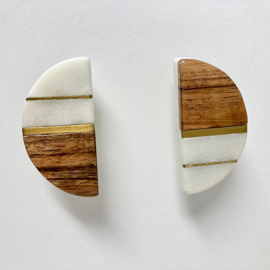 Half Moon Marble & Wood Knob With Brass Strips | Artistic Cabinet Knob ...
