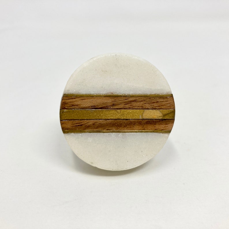 Round Marble & Wood Knob With Brass Strips | Artistic Cabinet Knob and ...