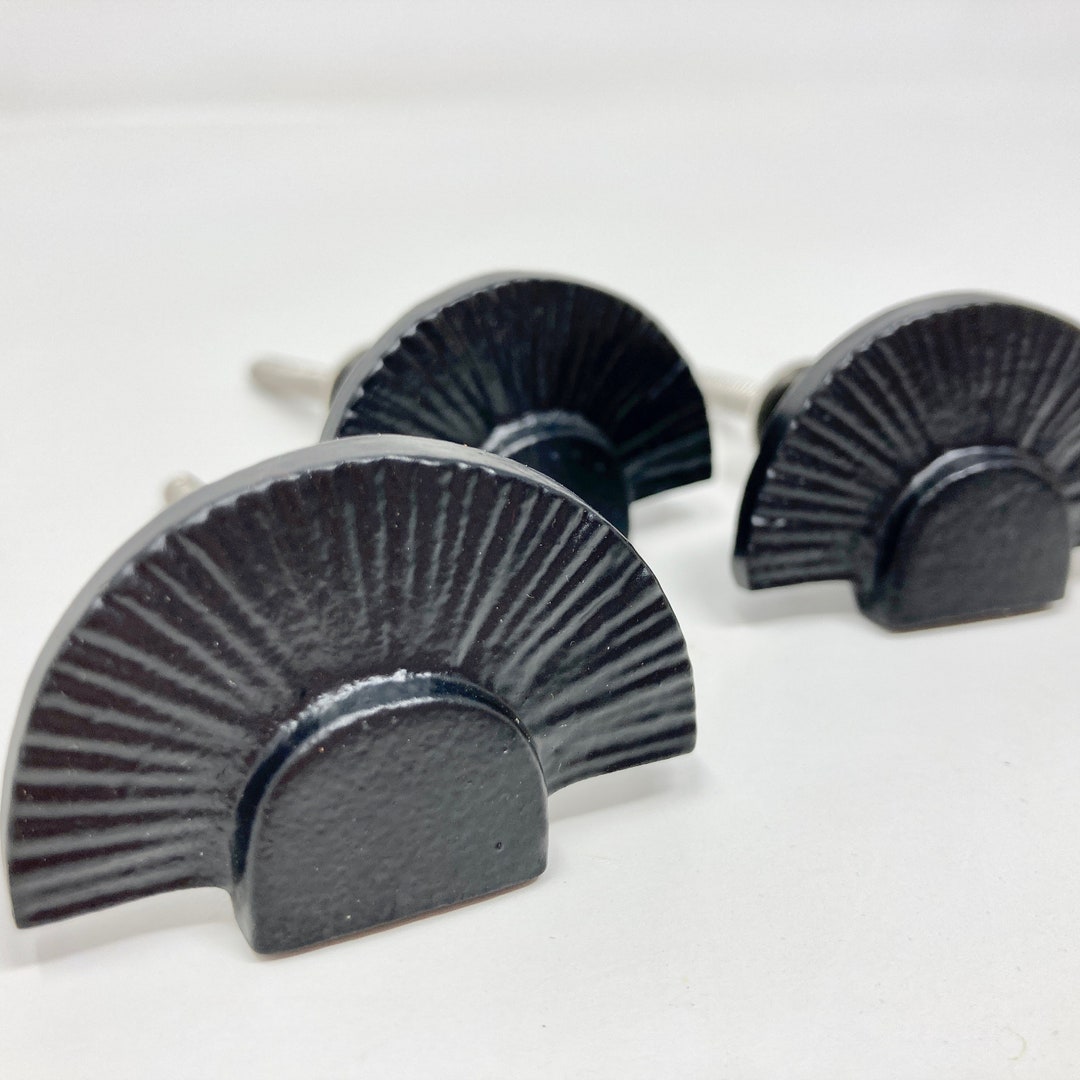 Art Deco Half Fan Knob Black Iron Knob, Kitchen Knob, Vintage Fan Knob ...