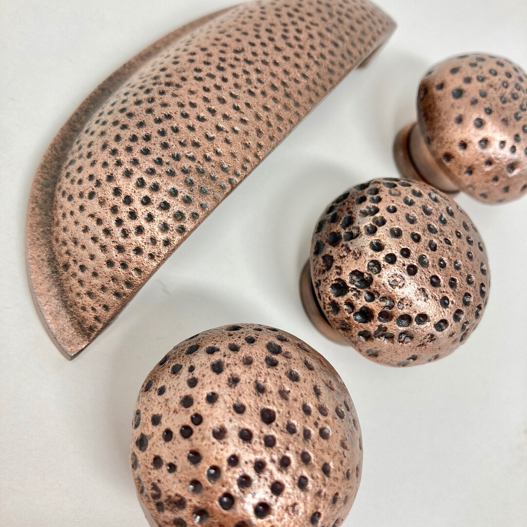 Antique Copper Hammered Knob & Cup Handle Cabinet - Drawer Pull Door ...