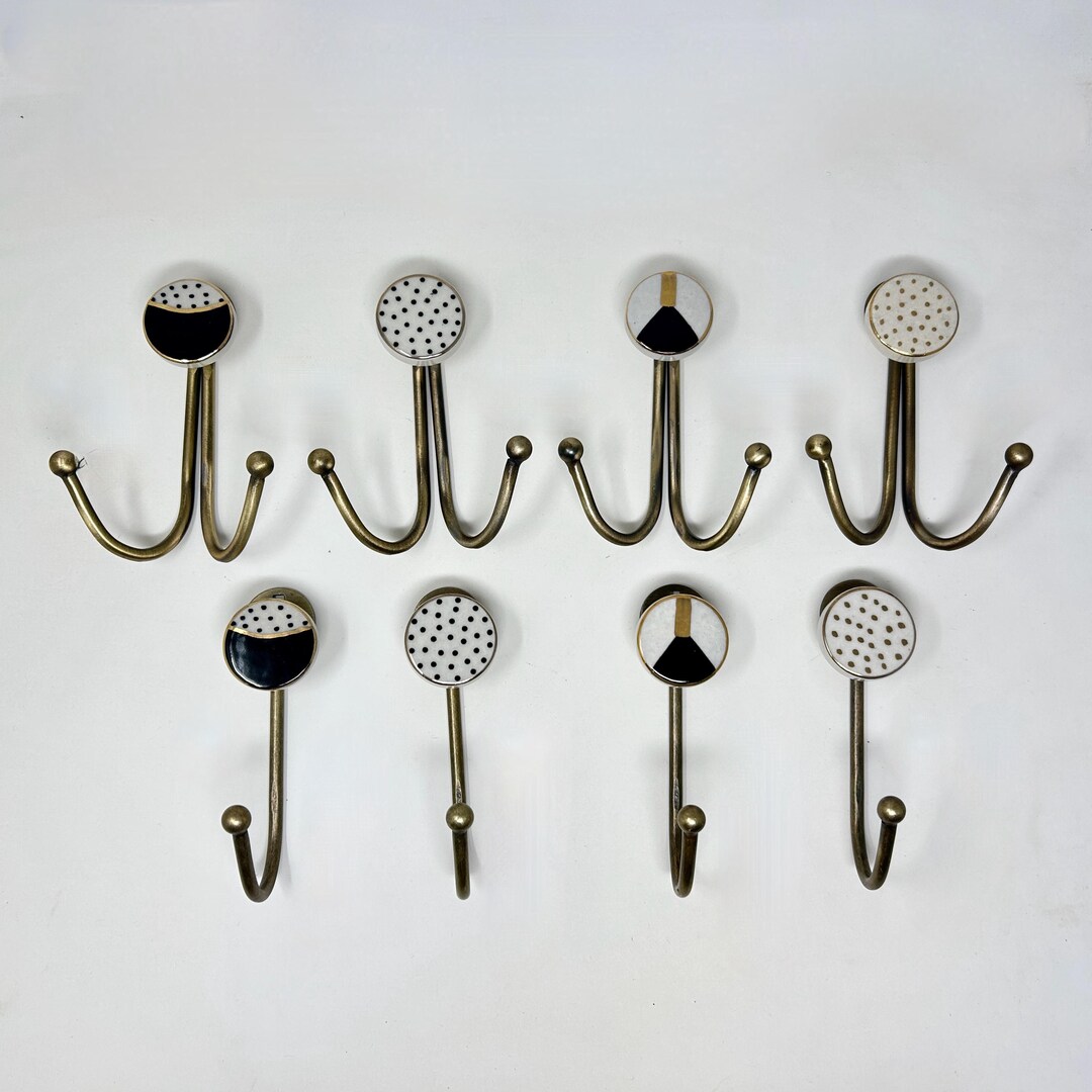 Hand Painted Ceramic Double & Single Hooks | Antique Brass | Brass ...