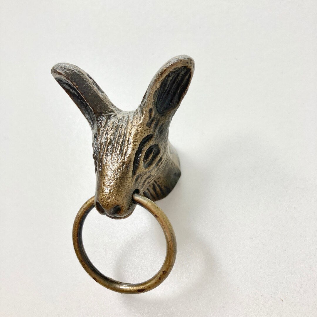 RING Hare Rabbit Head Knob in Antique Brass With Pull Ring Drawer Pull ...