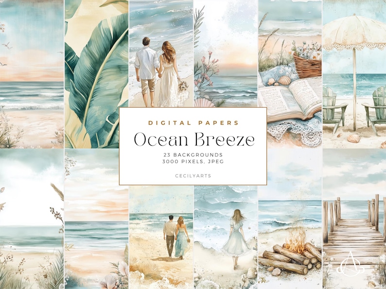 Watercolor Beach Clipart Bundle: Tropical Ocean Scene (digital Download ...