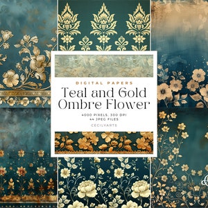 Teal and Gold Ombre Flower Background - Dark Teal and Gold Digital ...