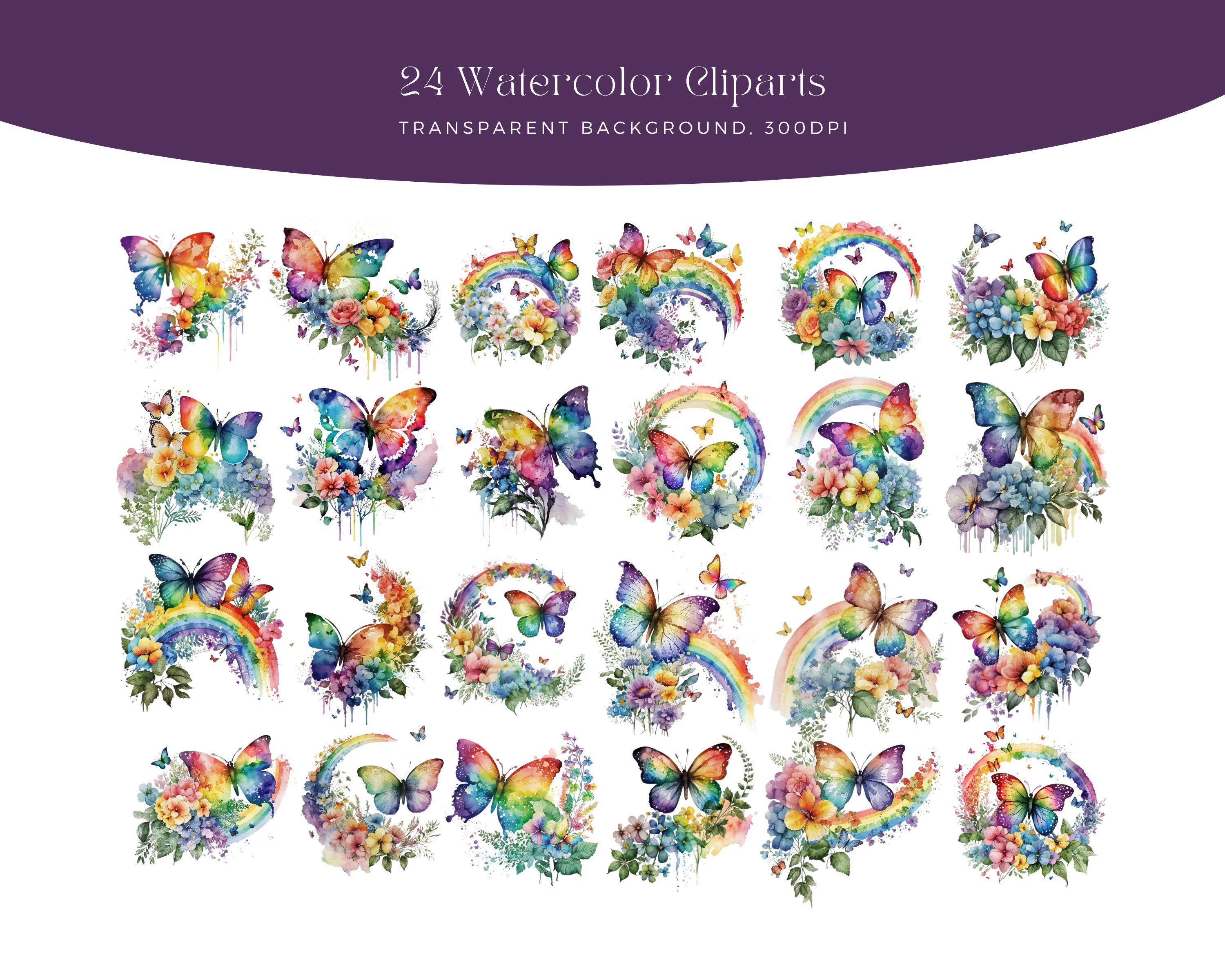 Rainbow Flower Butterfly PNG, Watercolor Floral Clipart Bouquets ...